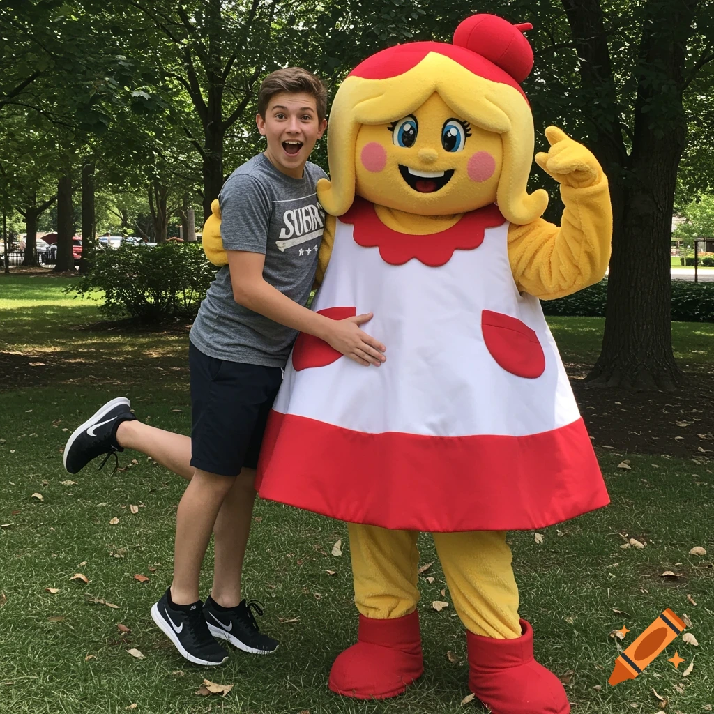 Rainbow Brite mascot playfully hugs teenage boy on Craiyon