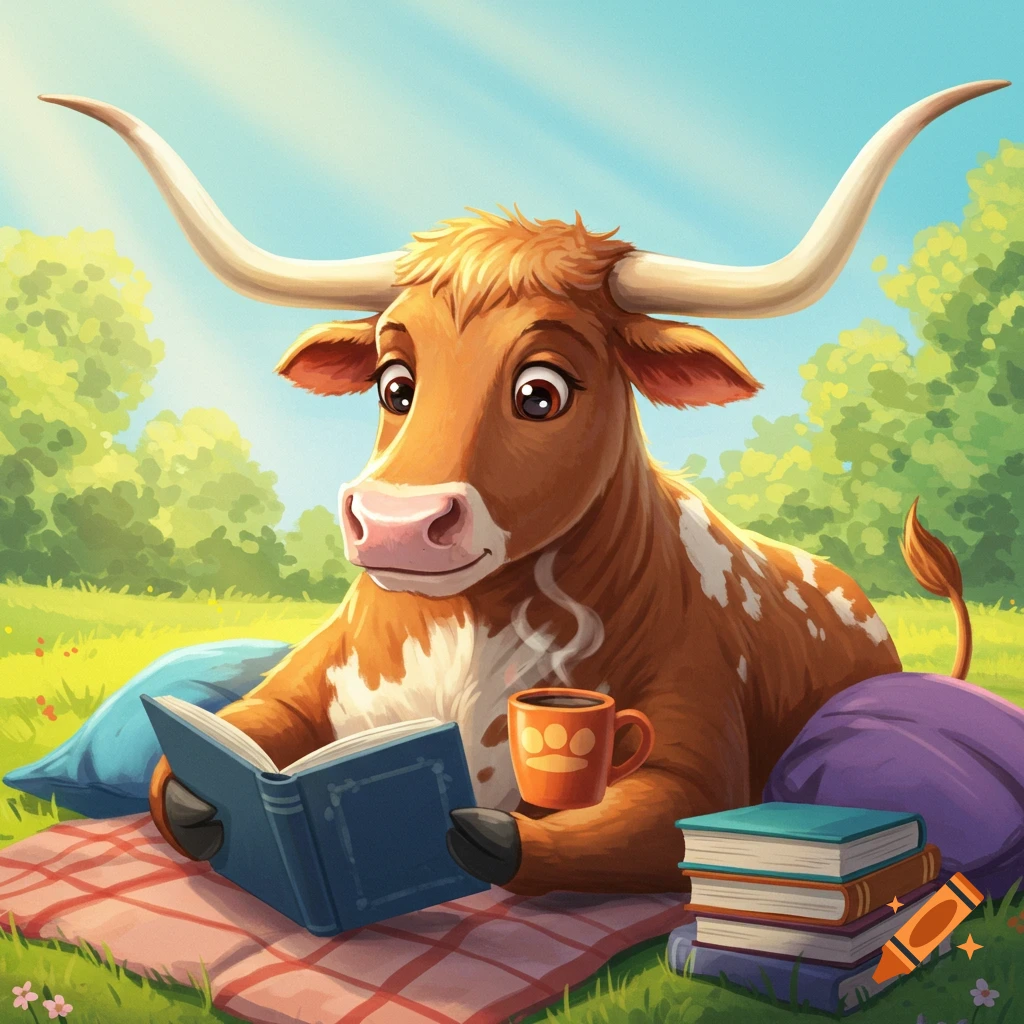 Shorthorn reading a book with coffee on Craiyon