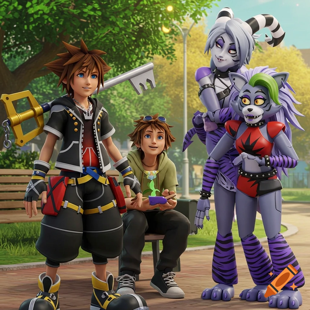3D render of Sora, another boy, Loona, and Roxanne Wolf standing in a ...