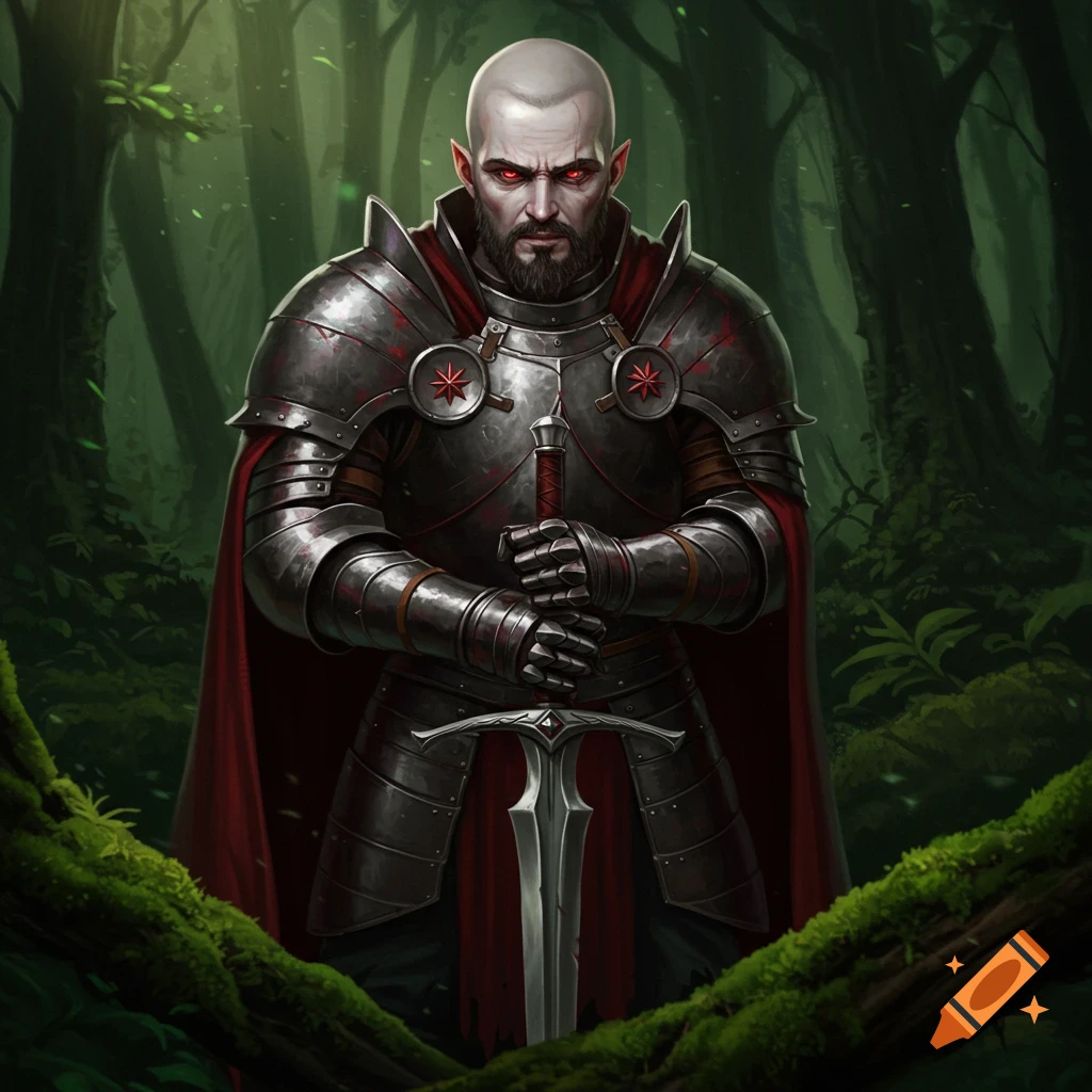 Bald man with red eyes in dark armor holding a sword in a forest. on ...