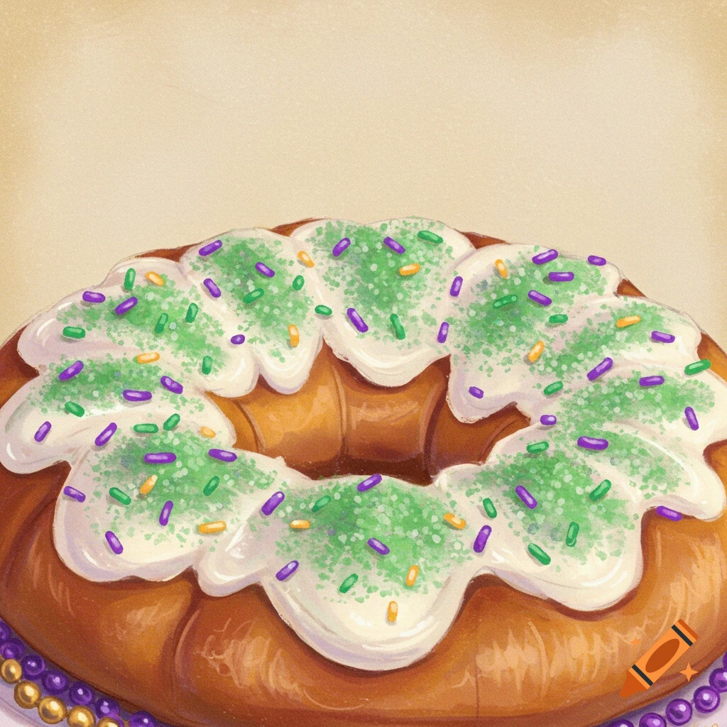 Mardi Gras King cake with white frosting, green sprinkles, and colorful ...