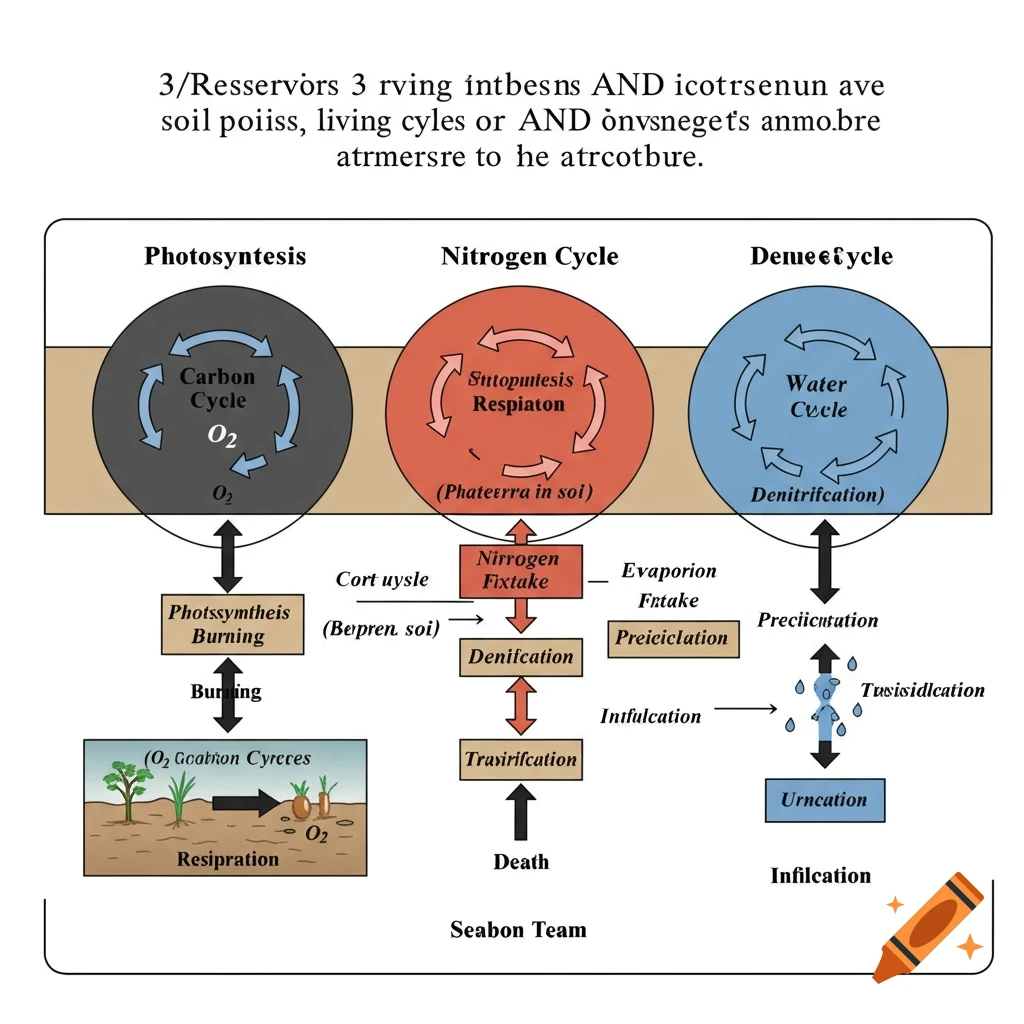 Diagram illustrating carbon, nitrogen, and water cycles with common ...