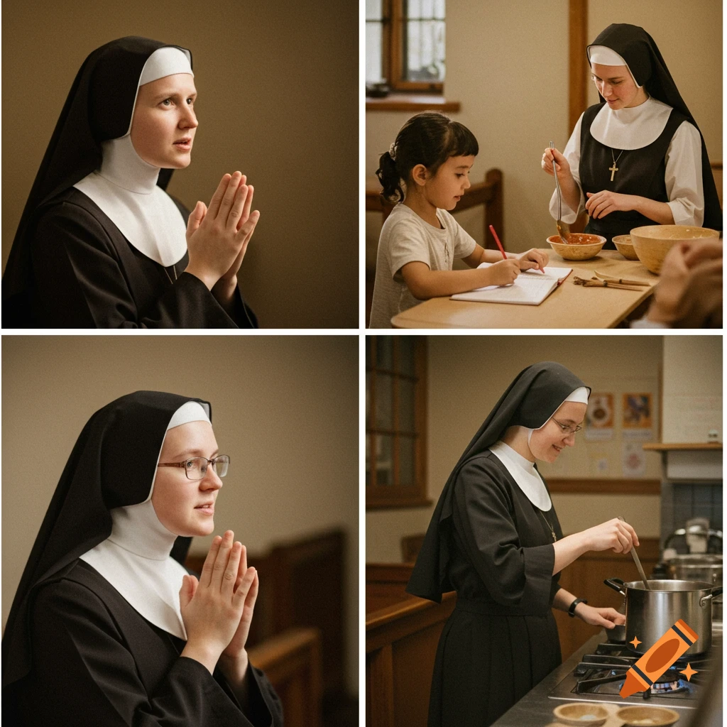 Nuns from the Order of Visitation praying, teaching, and cooking on Craiyon