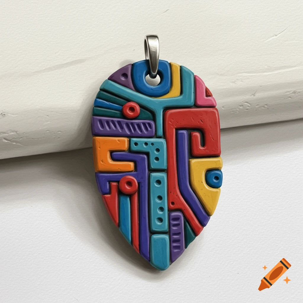 A colorful clay pendant with abstract geometric shapes. on Craiyon