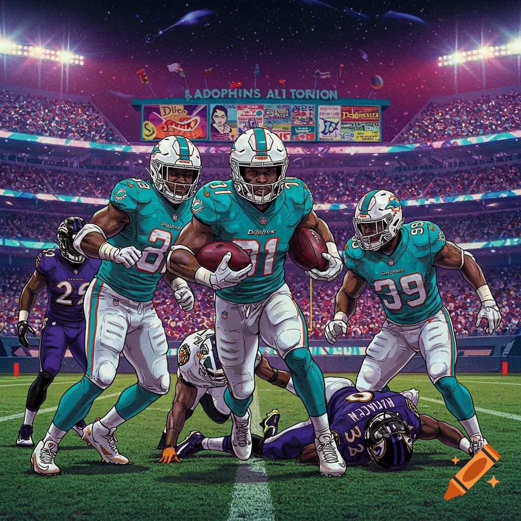 Stylized image of Miami Dolphins football players tackling opponents in ...