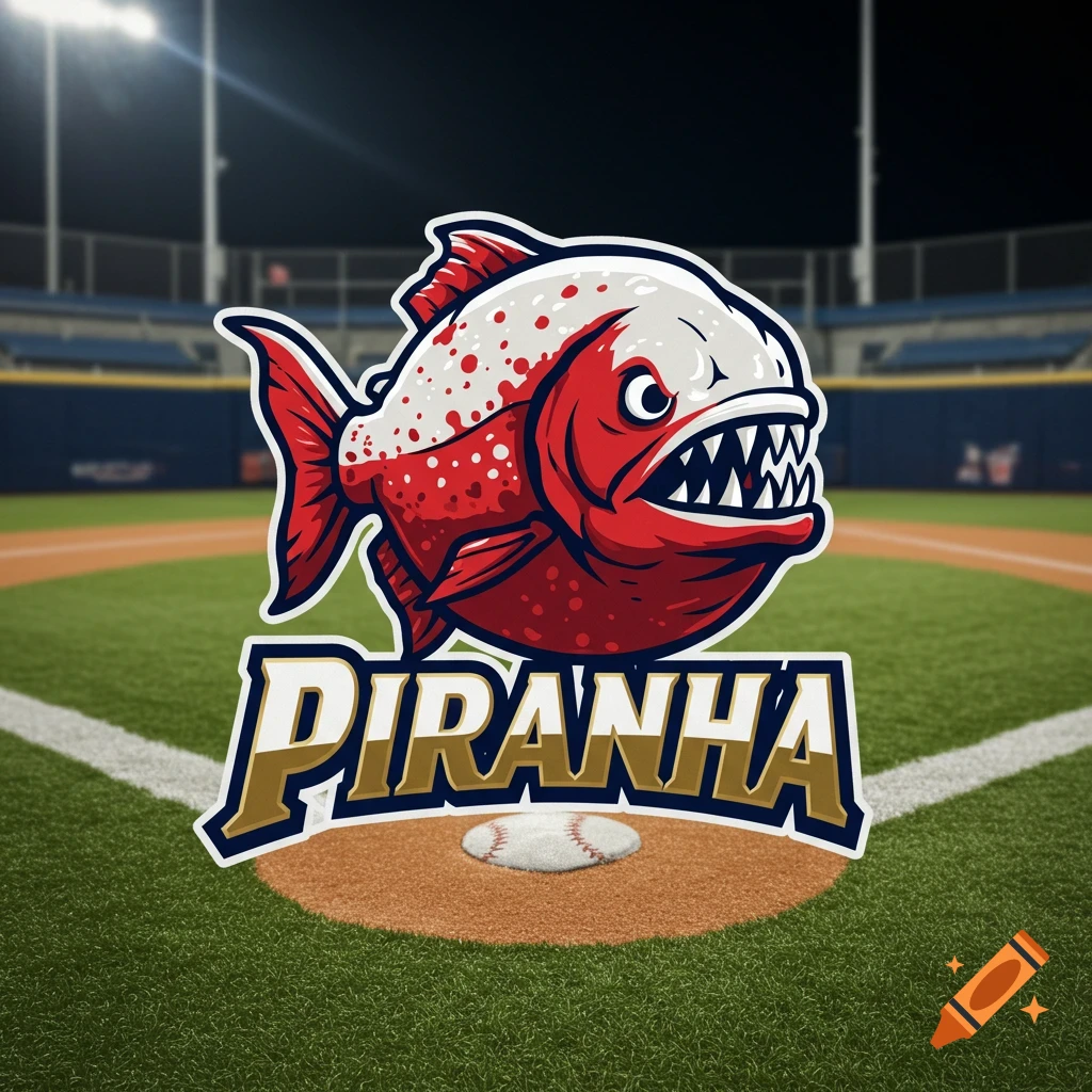 A stylized red and white piranha mascot logo stands on a baseball field ...