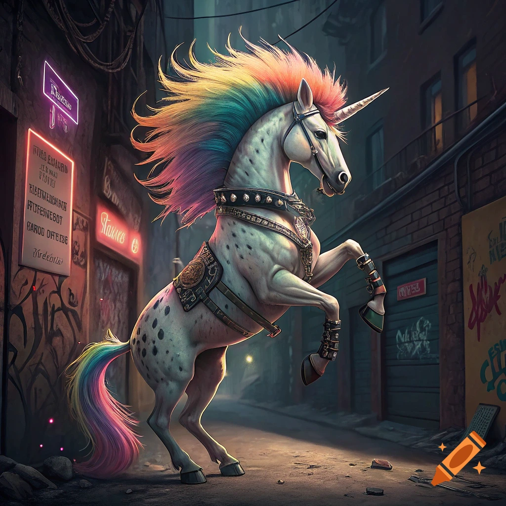 A punk unicorn with a rainbow mane rears up in a dark urban alley with neon signs. on Craiyon