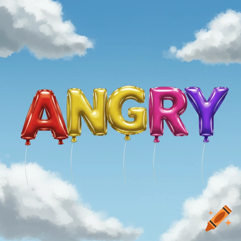 Colorful letter balloons spelling ANGRY floating in a blue sky with ...