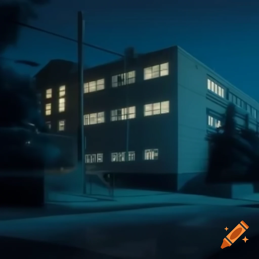 Surreal exterior of a three-story school building at night on Craiyon