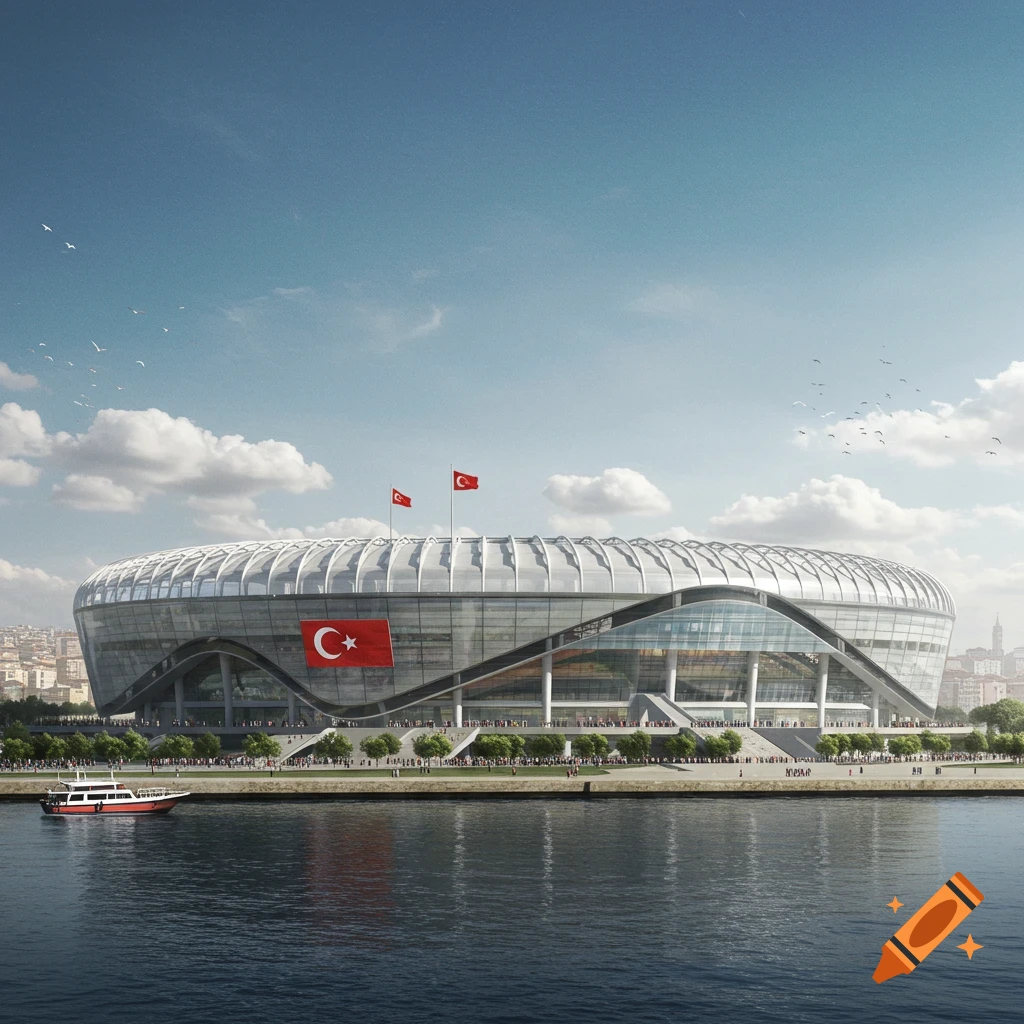 A modern soccer stadium with a glass and metal facade sits on a ...