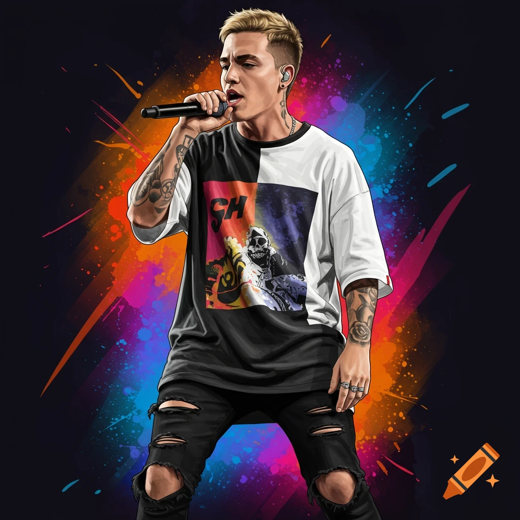 Illustration of a male rapper singing with a microphone against a ...