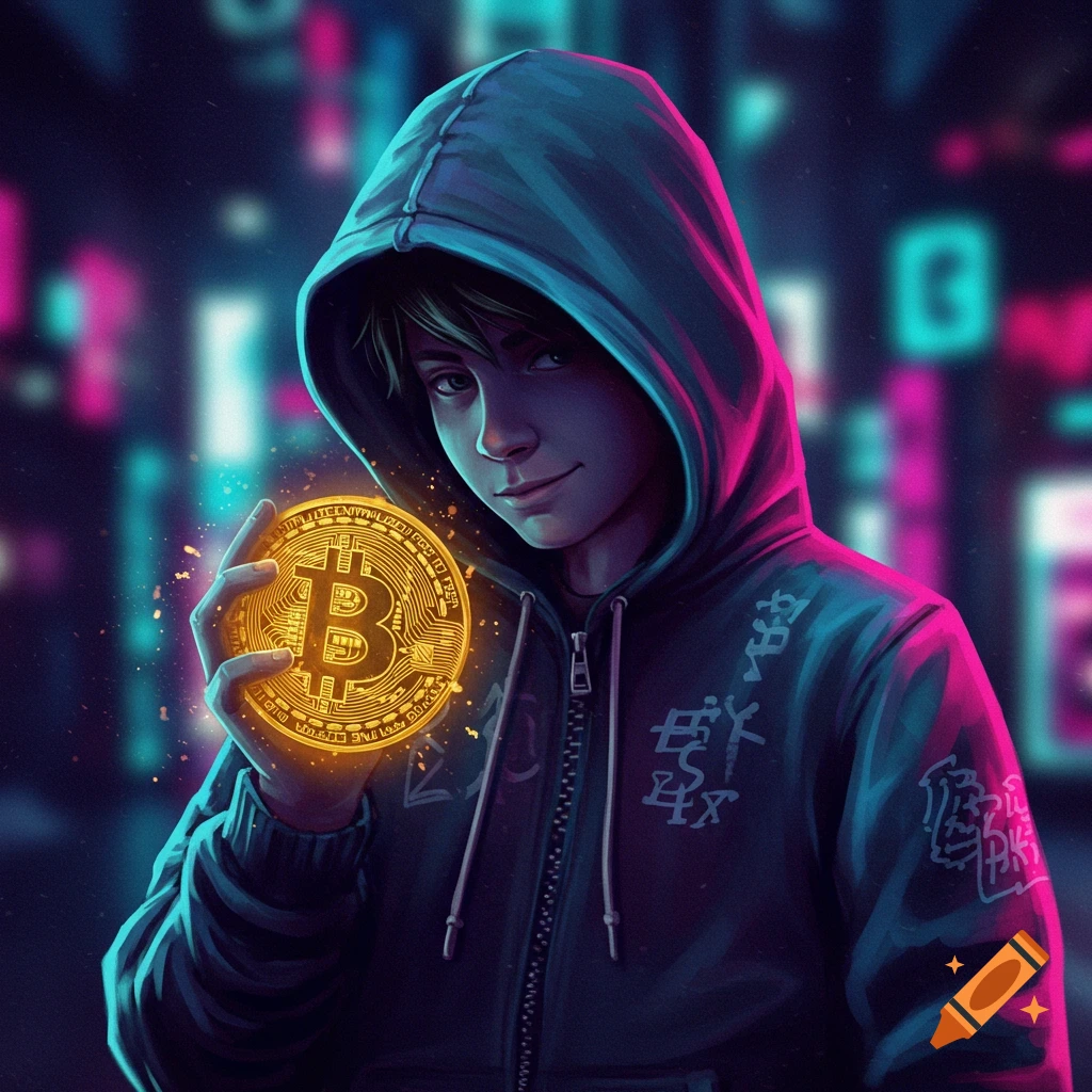 Bitcoin Boy with hood on Craiyon