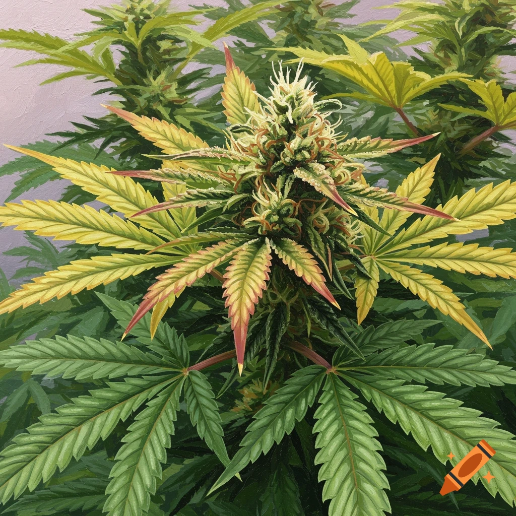 Detailed painting of a flowering marijuana plant bud and leaves. on Craiyon