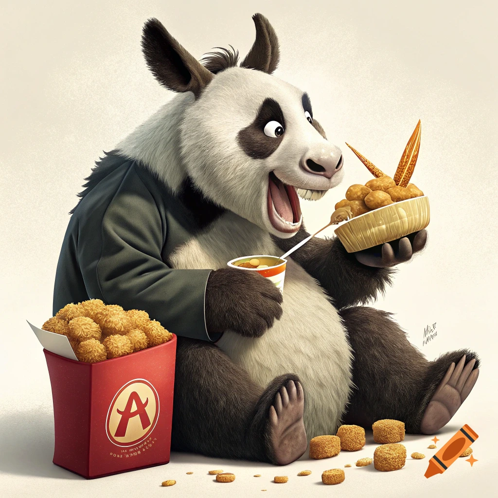 Panda donkey hybrid from Shrek eating chicken nuggets on Craiyon