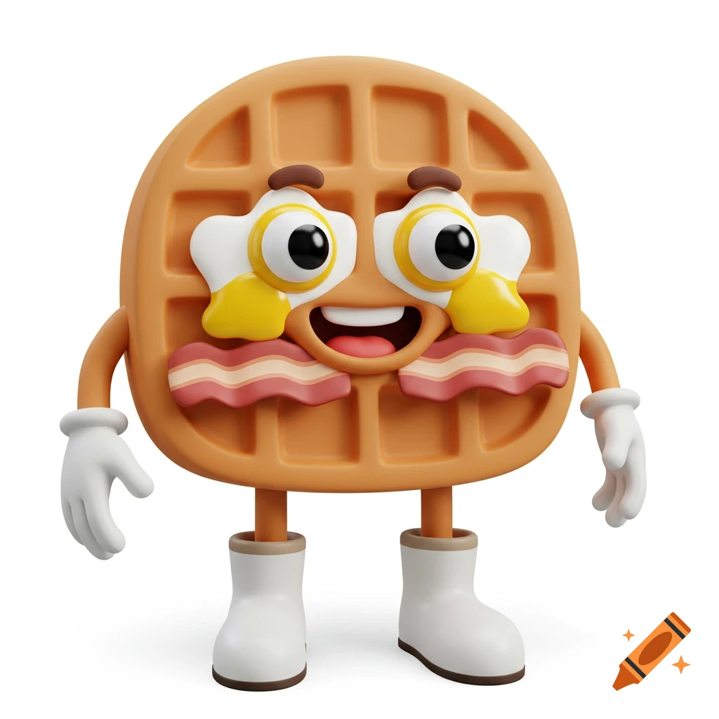 3D illustration of a smiling waffle character with egg eyes and bacon ...