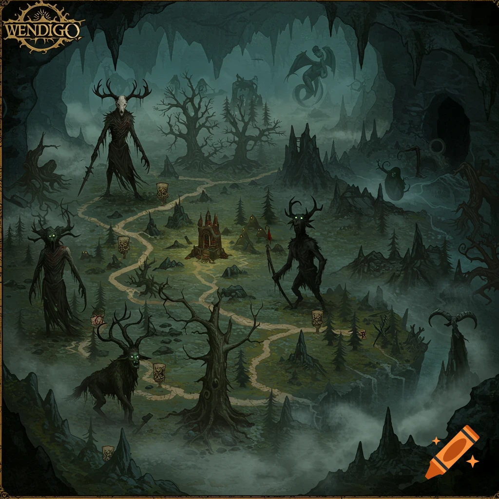 Dark fantasy illustration map of a spooky forest and caves with a ...