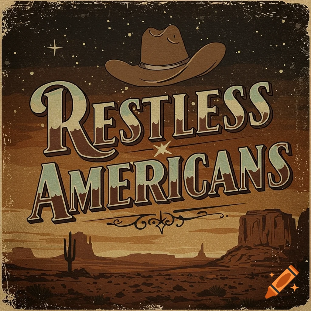 Vintage western poster with cowboy hat and 'Restless Americans' text ...
