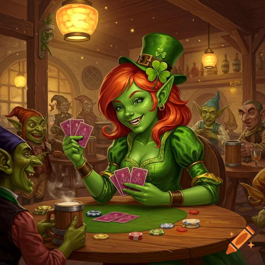 A stylized fantasy illustration of a female leprechaun playing cards at ...