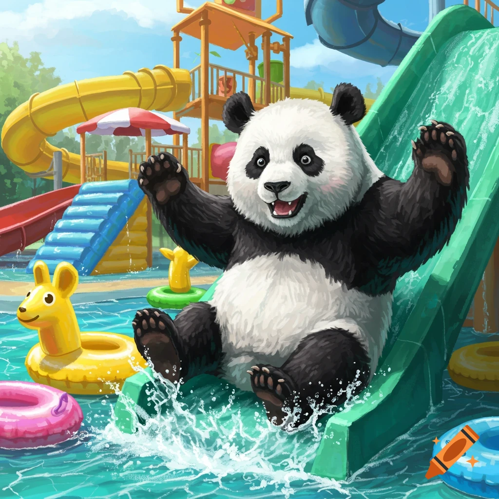 Panda sliding down a green water slide at a colorful water park. on Craiyon