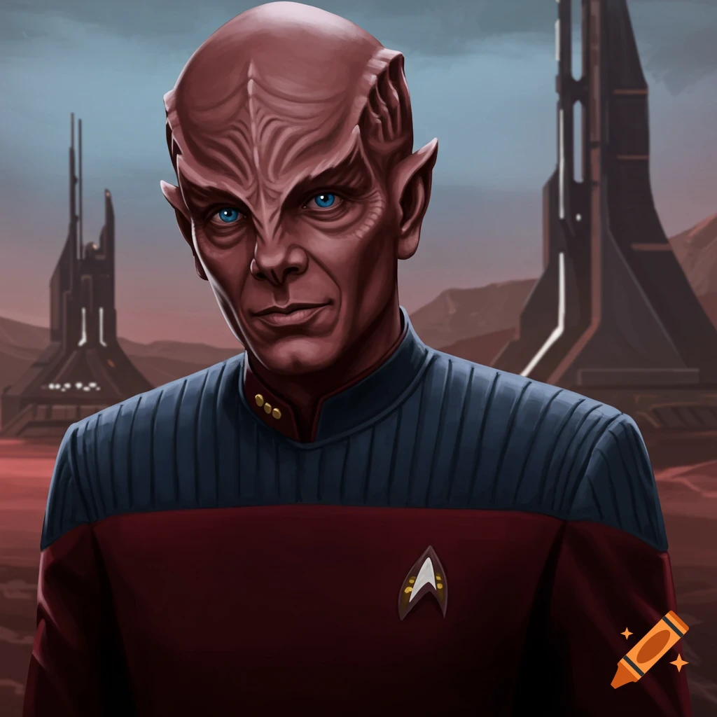 Portrait of a red-skinned alien in a Starfleet uniform standing on an ...