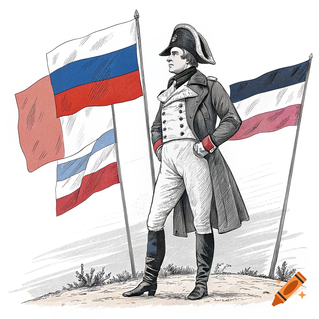 Sketch of Napoleon Bonaparte with Russian, Austrian, and Prussian flags ...