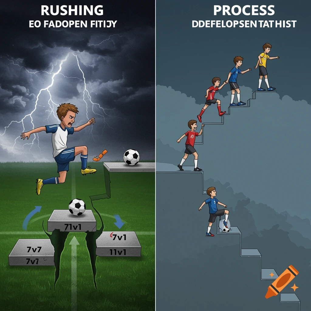 Split-screen illustration comparing rushing vs. process in youth soccer ...