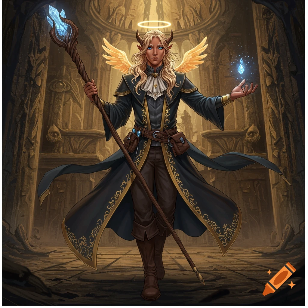Fantasy art of a male character with blonde hair, horns, halo, and wings, holding a staff and ...