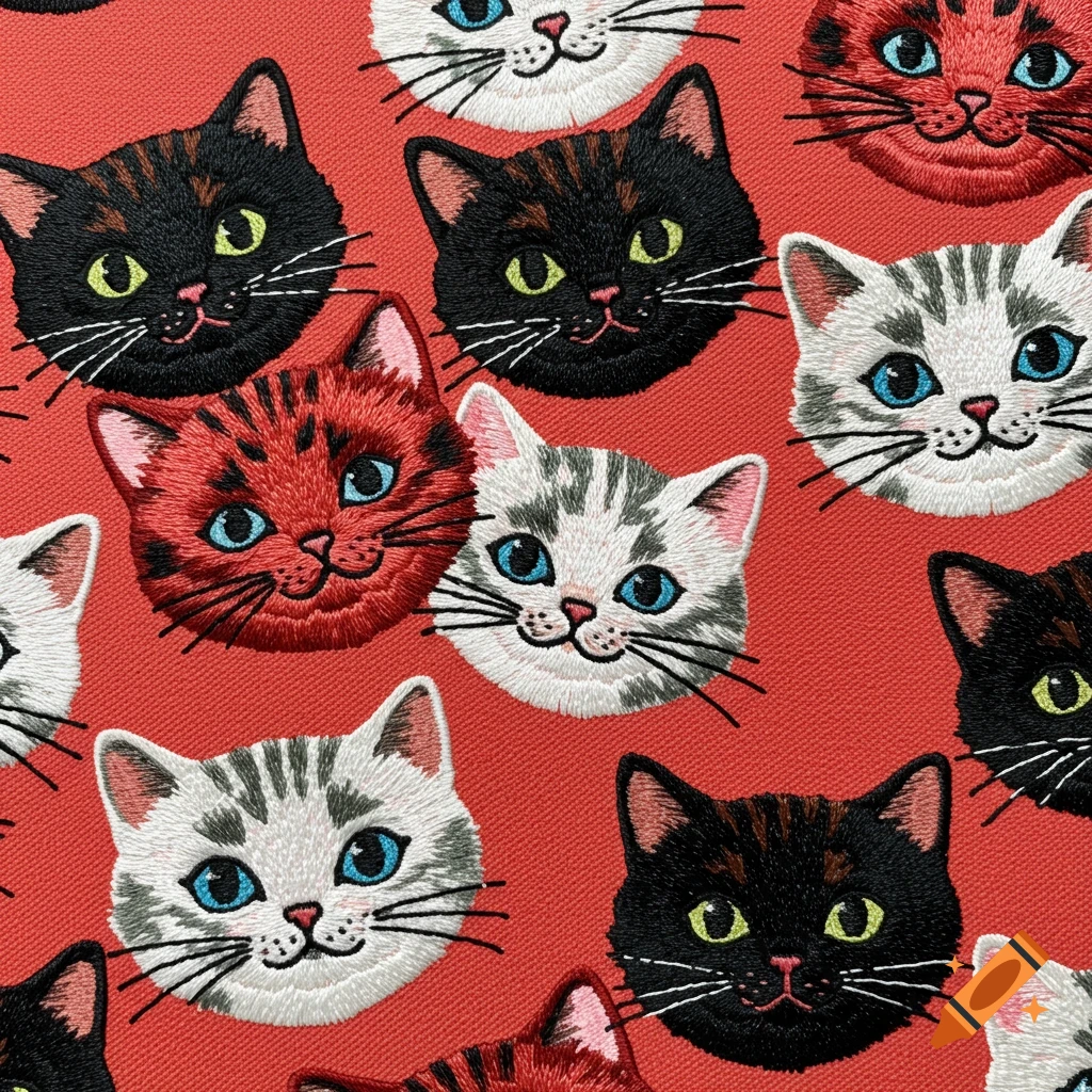 Embroidered kitten faces pattern in red, black, green, and teal on Craiyon
