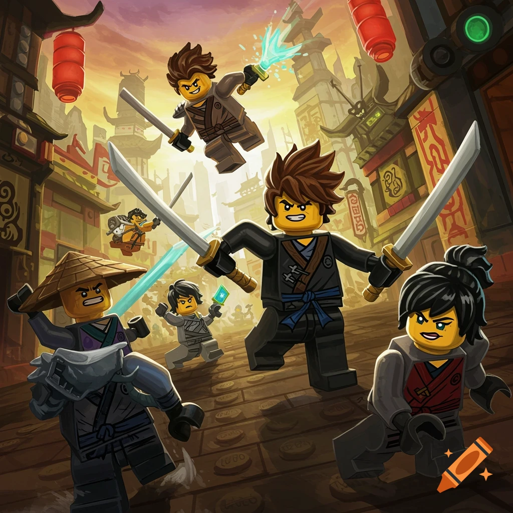 Lego Ninjago characters fight with swords in an Asian street scene at ...
