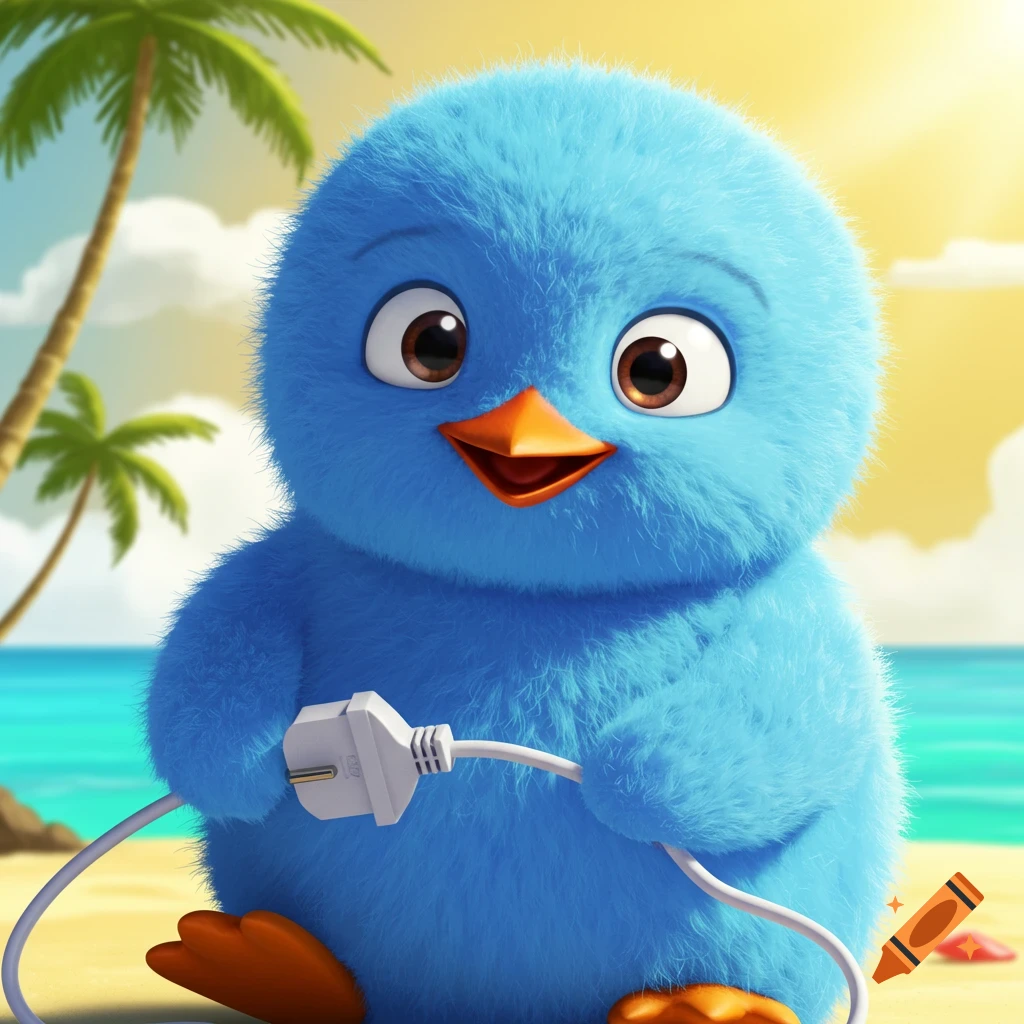 A fluffy blue cartoon bird holding an electrical plug on a beach. on ...
