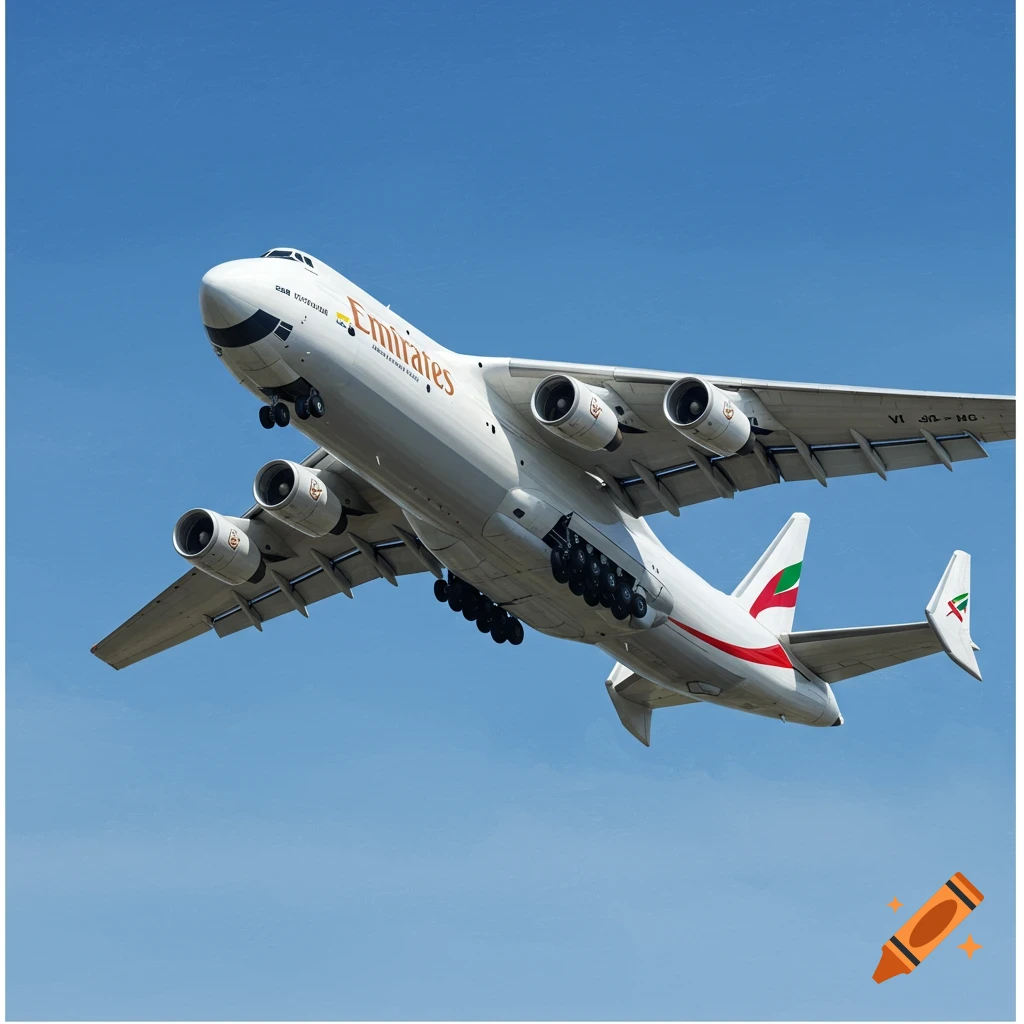 Large white cargo plane with Emirates logo in flight against a blue sky ...