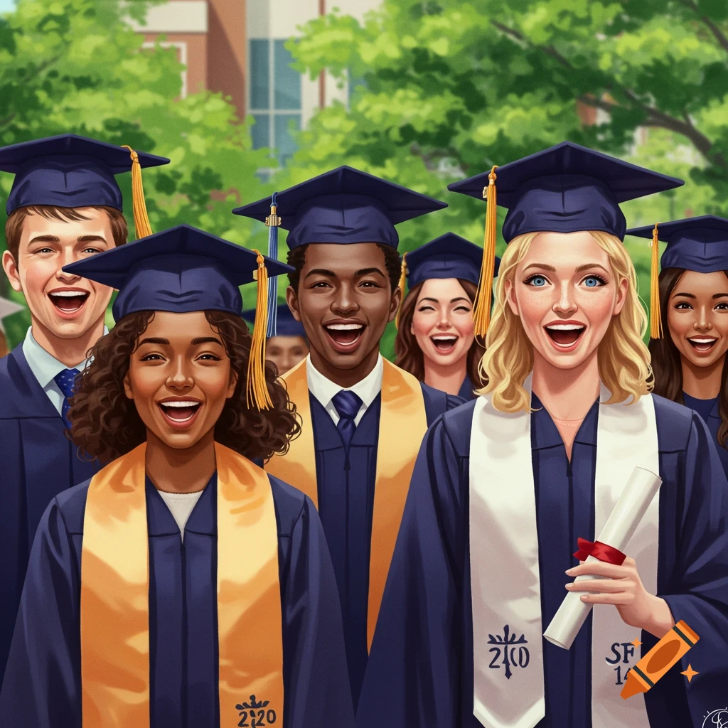 Vintage style illustration of children in graduation caps and gowns ...