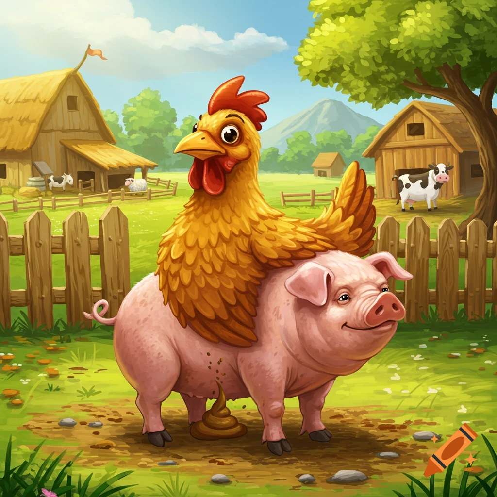 Cartoon illustration of a chicken riding on a pig's back on a farm ...