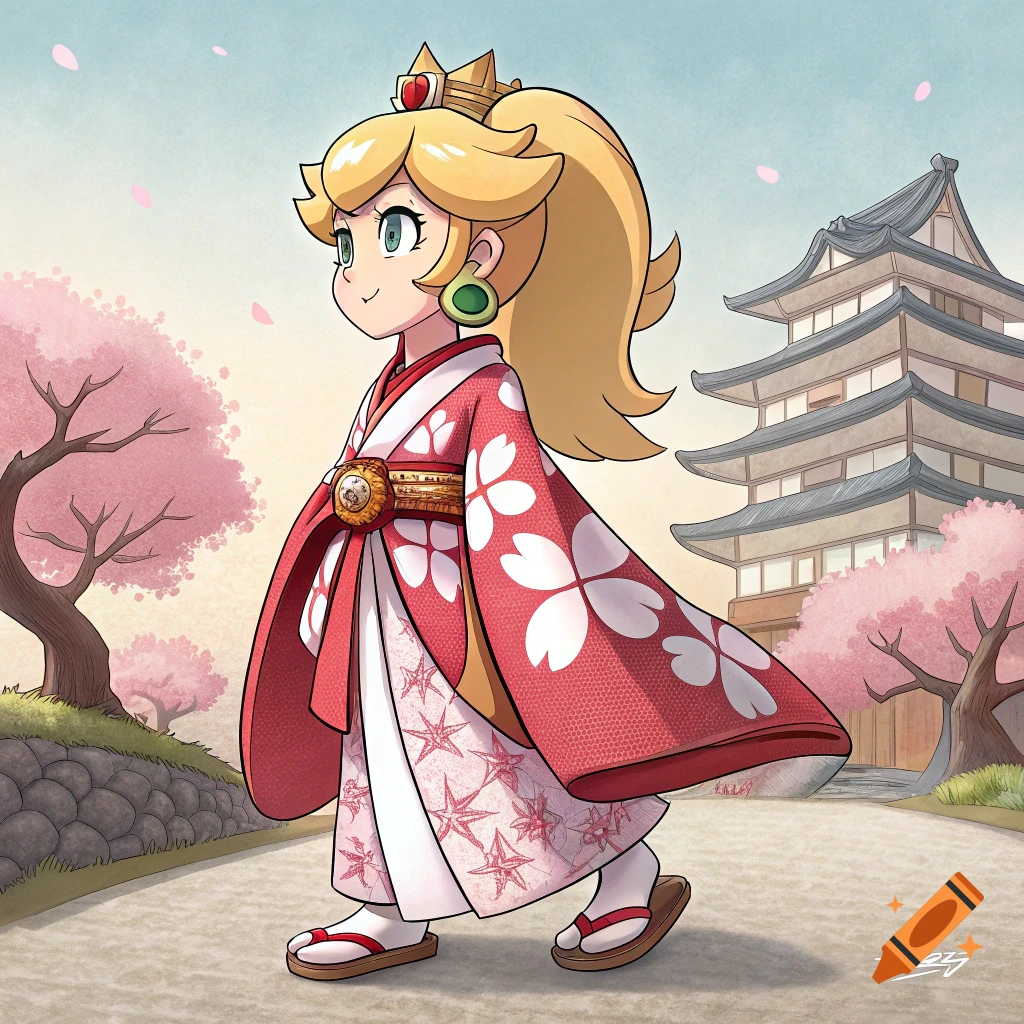 Cartoon illustration of Princess Peach in a kimono standing near a ...