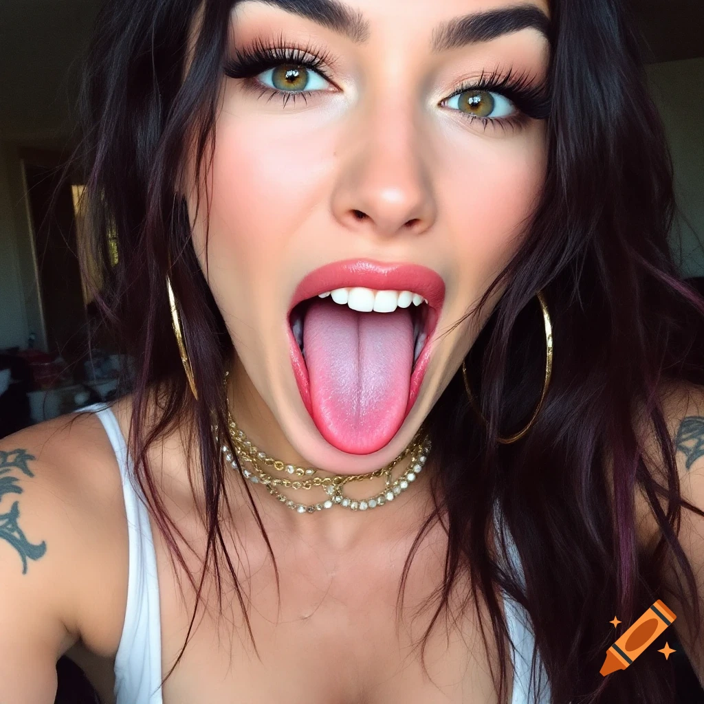 Close-up portrait of a woman with long dark hair, sticking out her tongue on Craiyon