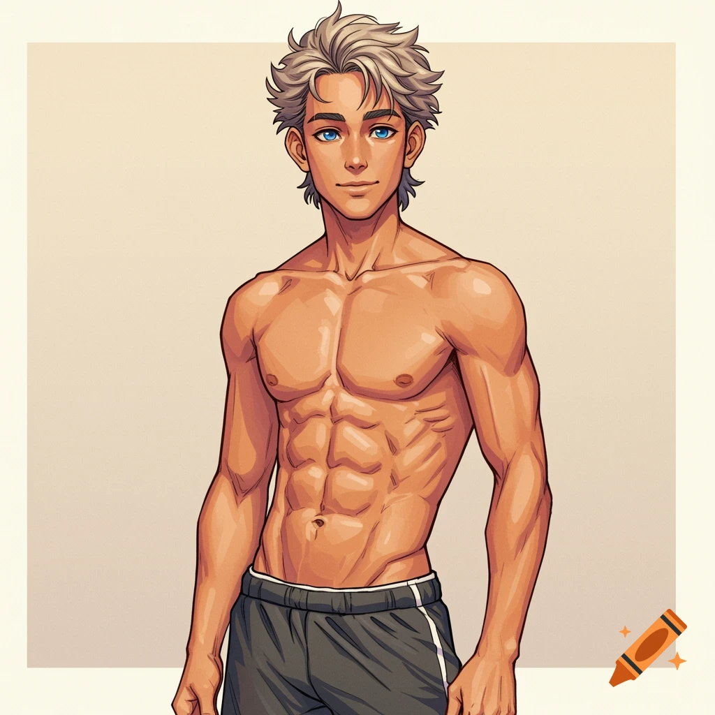 Drawing of a tan-skinned boy with blue eyes, dirty blonde fluffy hair ...