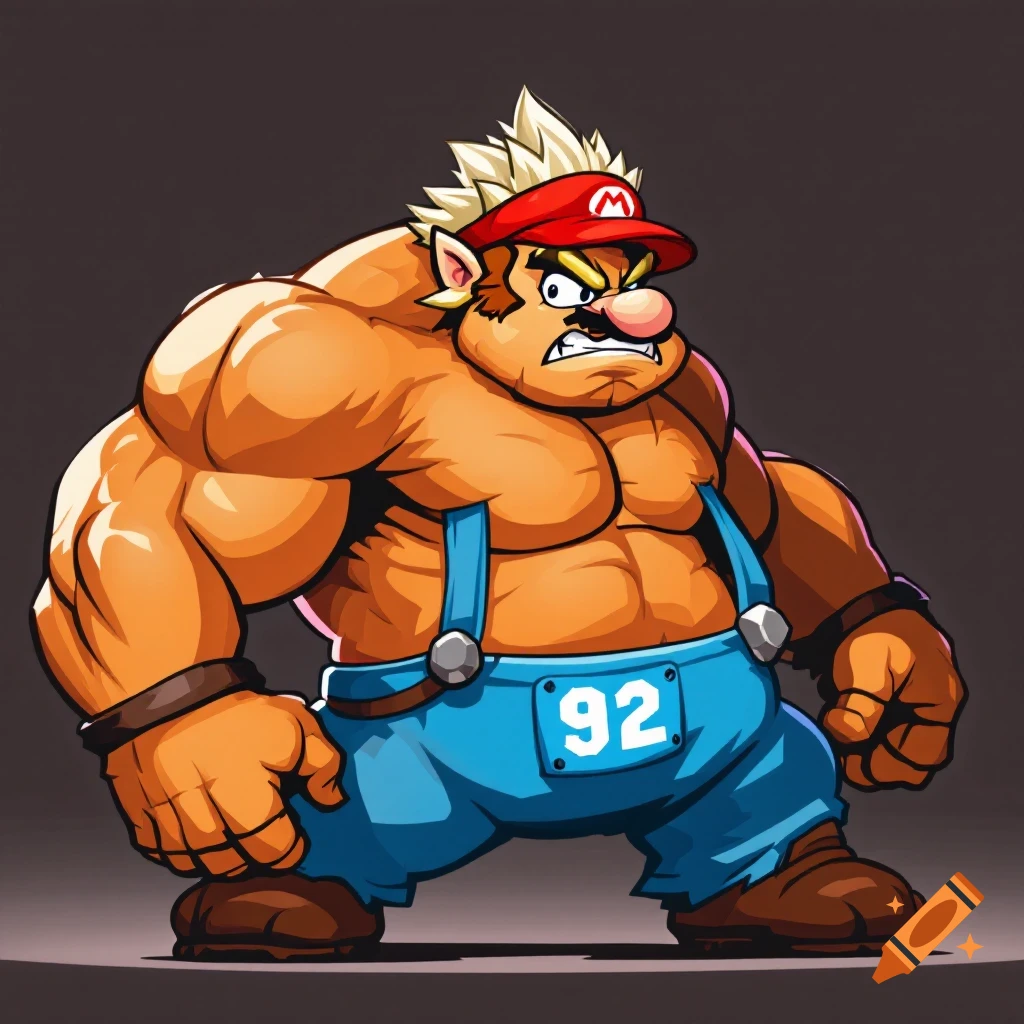 A very muscular, cartoonish character resembling Mario wears a red cap ...