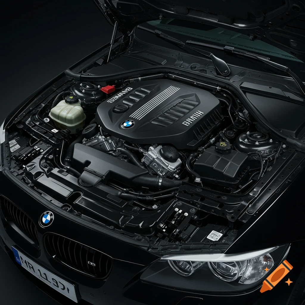Close-up view of a black car engine with hood open, showing the BMW logo and components. on Craiyon
