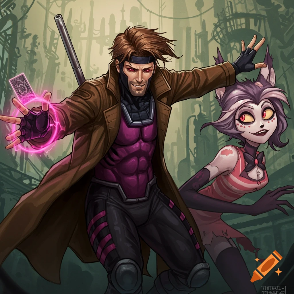 Gambit and Husk stand together in an industrial setting, Gambit holds a ...