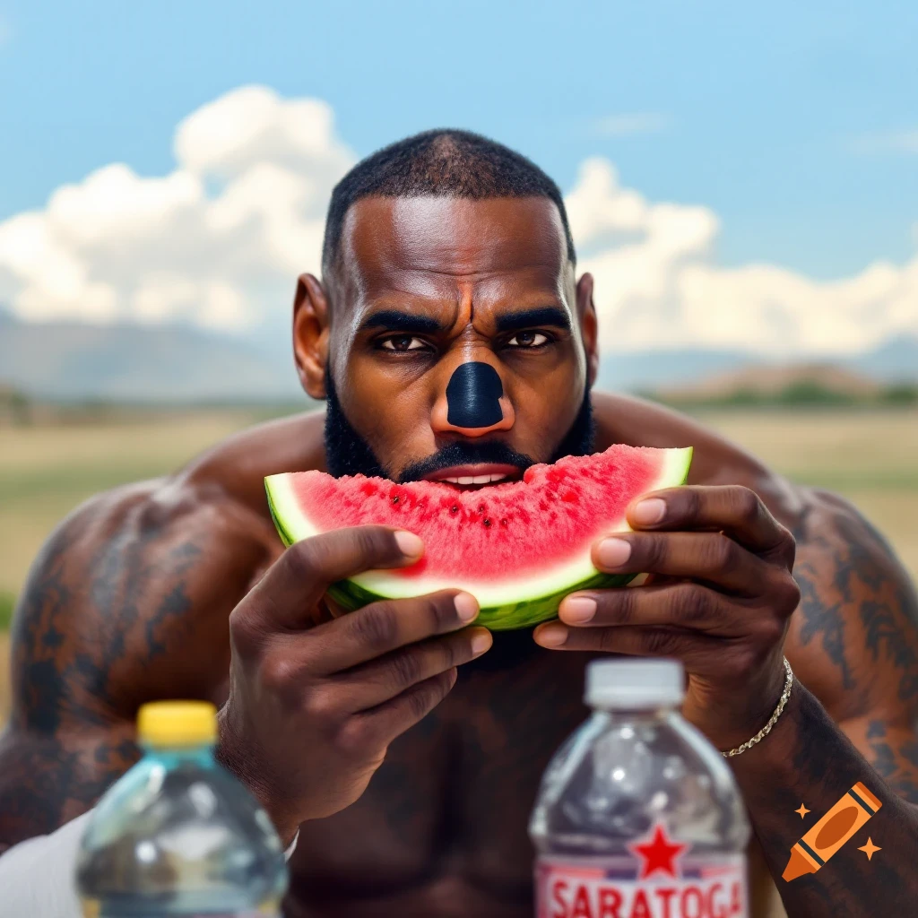 LeBron James holds a large watermelon slice while sitting at a table ...