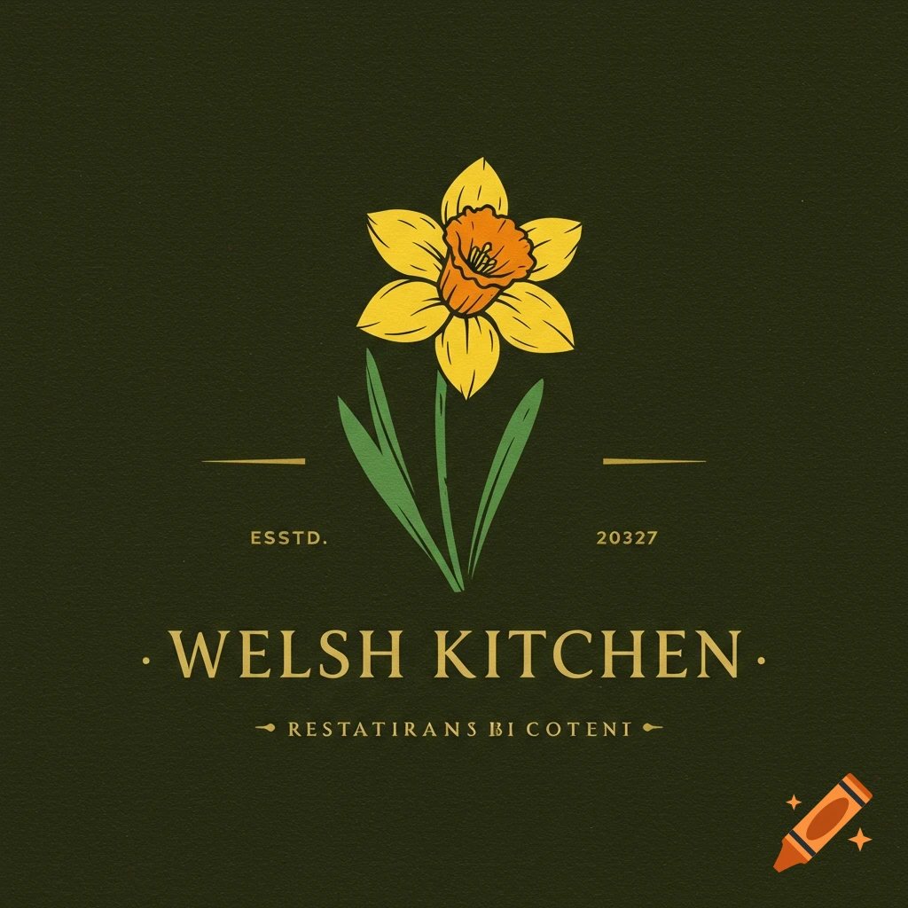 Logo for Welsh Kitchen restaurant with a daffodil. on Craiyon
