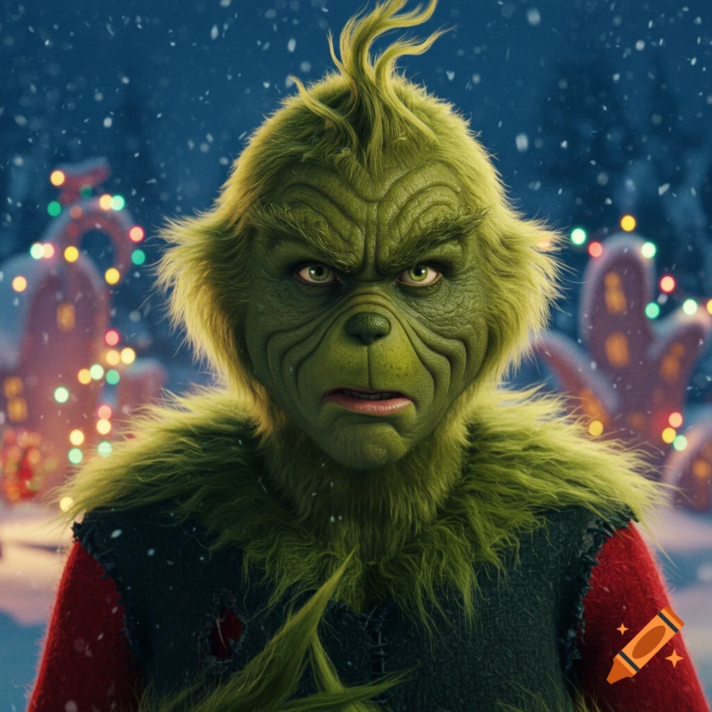 Cartoon art of the grinch with a serious expression on Craiyon