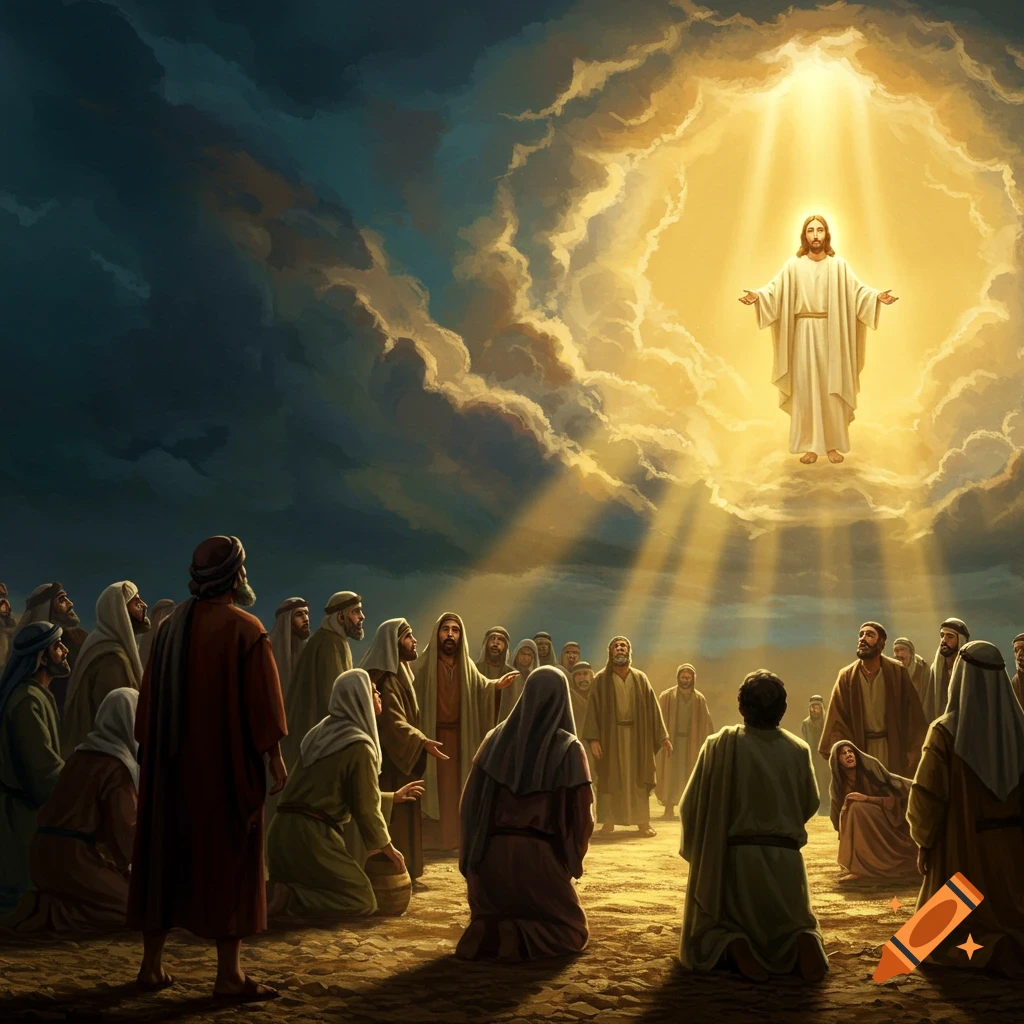 Jesus appears in a bright cloud in the sky above a crowd of people on ...