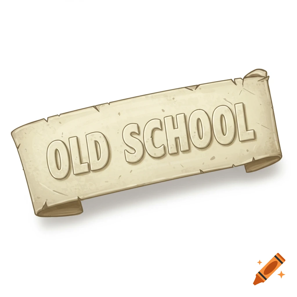 A beige scroll banner with the words "OLD SCHOOL" in embossed text. on ...