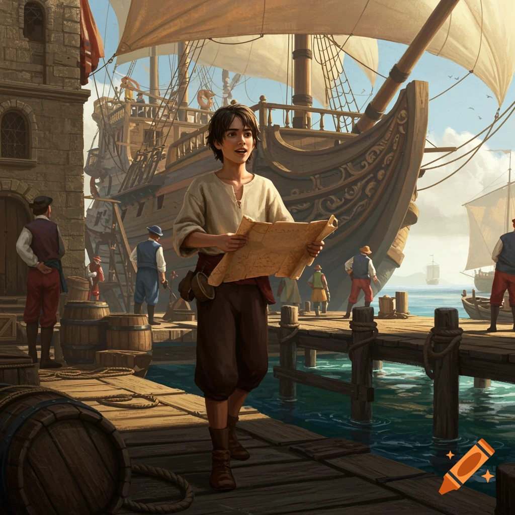 Kid adventurer at a 1500s ship dock looking at a notebook on Craiyon