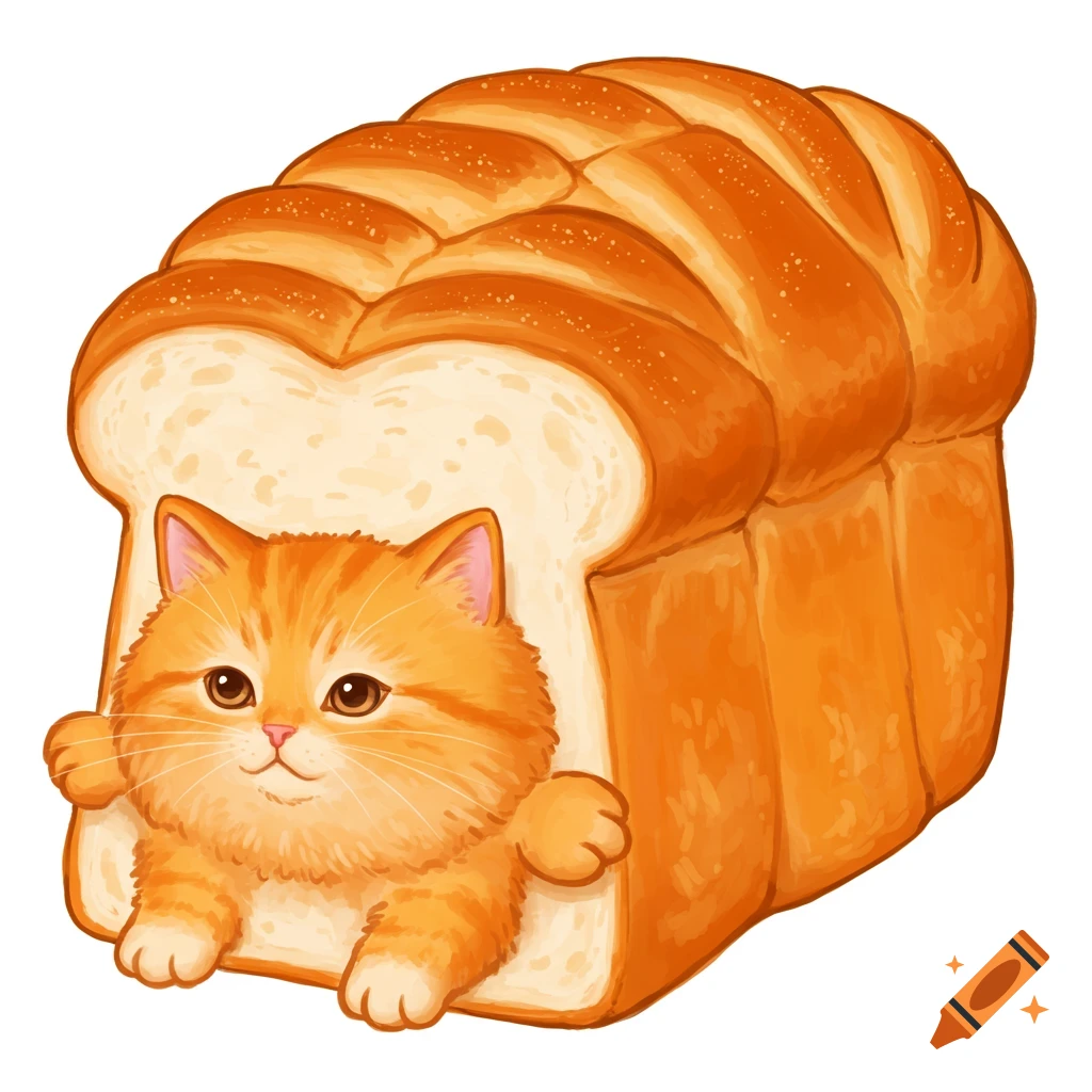 Cute orange tabby cat peeking out of a loaf of bread in a cartoon style ...