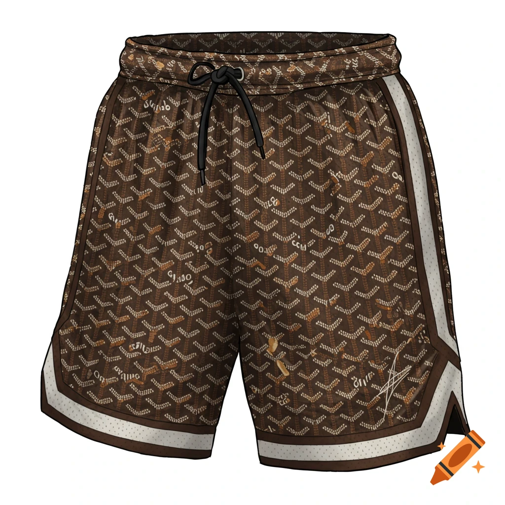 Brown basketball shorts with patterned print and white stripes on Craiyon