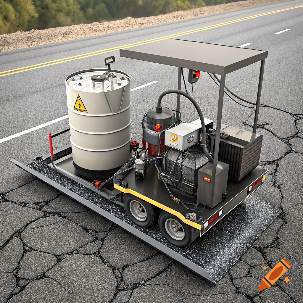 An asphalt repair machine on a trailer on a cracked road. on Craiyon