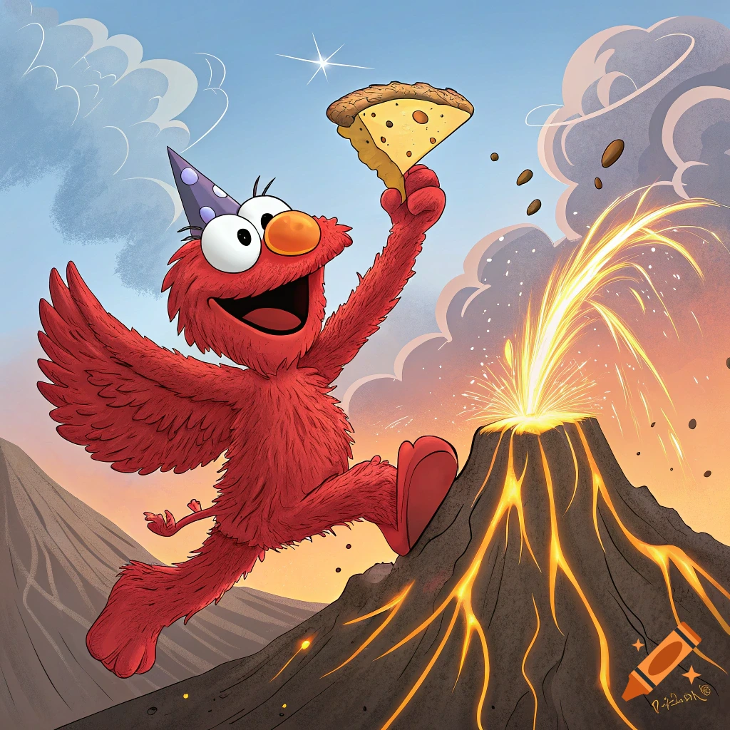 Cartoon Elmo with wings and a party hat flying from a volcano holding a ...