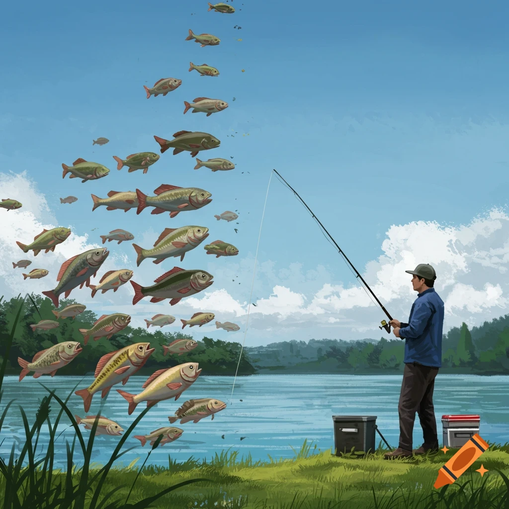 A man stands fishing by a lake as numerous fish fly out of the water ...